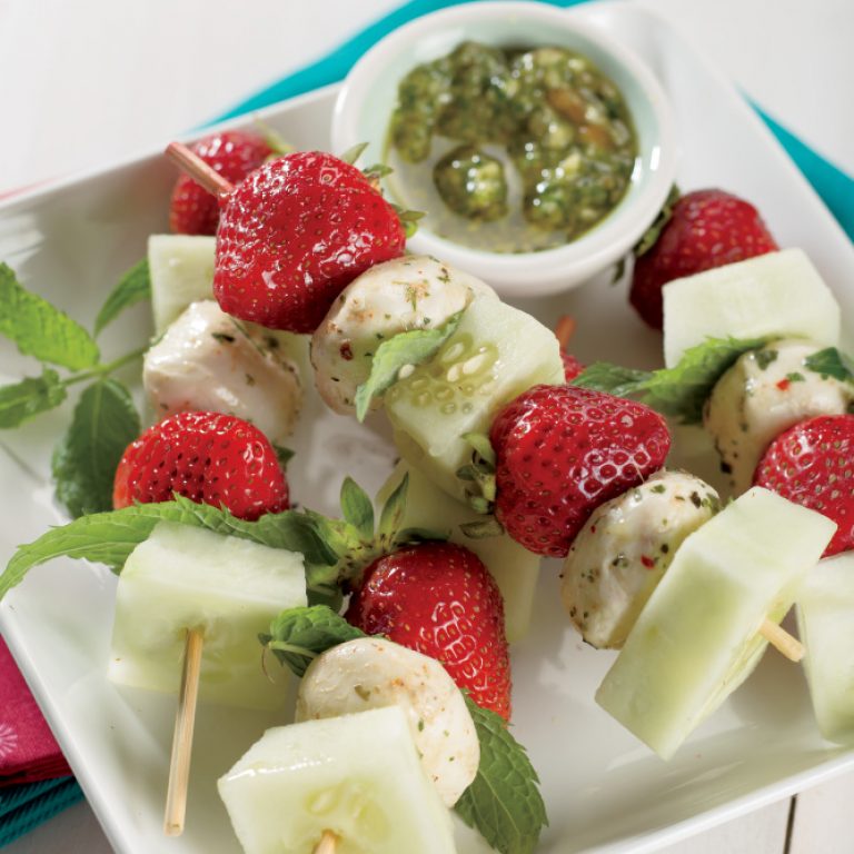 Strawberry Caprese Skewers with Mint Pesto Recipe - Farm Flavor Recipe