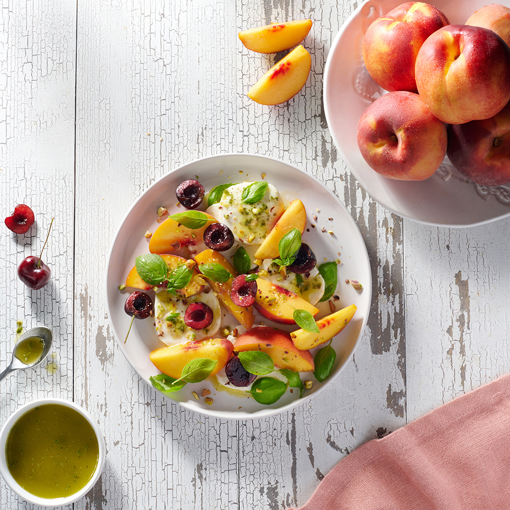 Stone Fruit Caprese Salad with Basil Vinaigrette Recipe - Farm Flavor ...