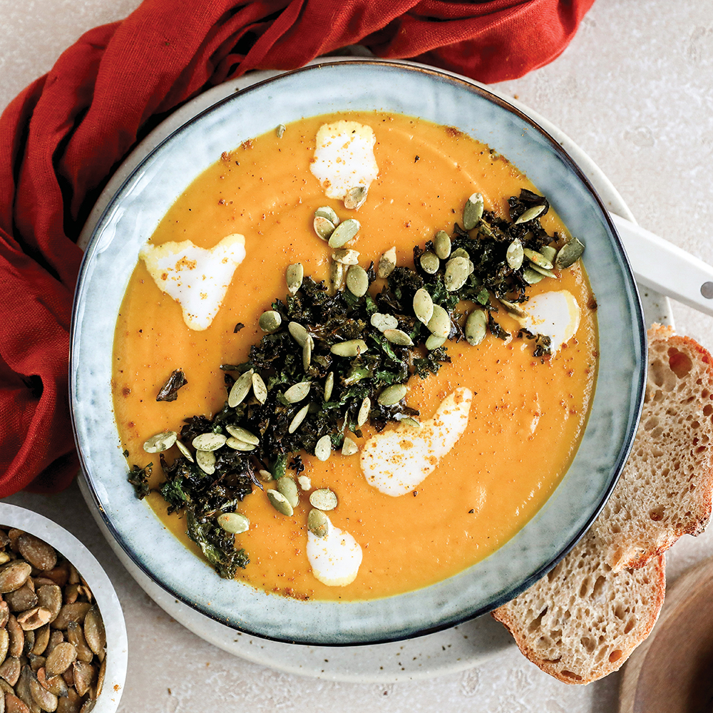 Curried Kabocha Squash Soup with Crispy Kale - Farm Flavor Recipe